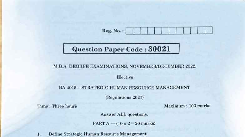M.B.A. 2024 Elective BA 4015 Strategic Human Resource Management Exam ...