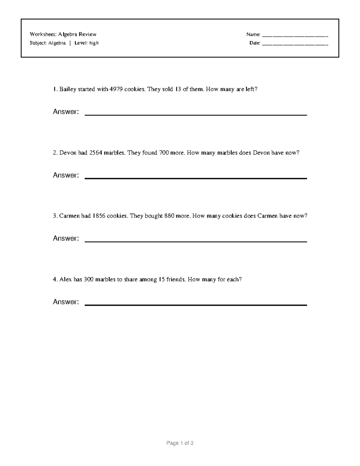 Algebra Review Worksheet: Practice Problems & Answers (Algebra 5) - Studocu