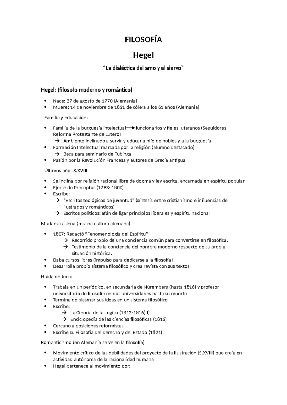 Resumen de la Filosofía de Hegel: Dialéctica del Amo y el Esclavo - Studocu