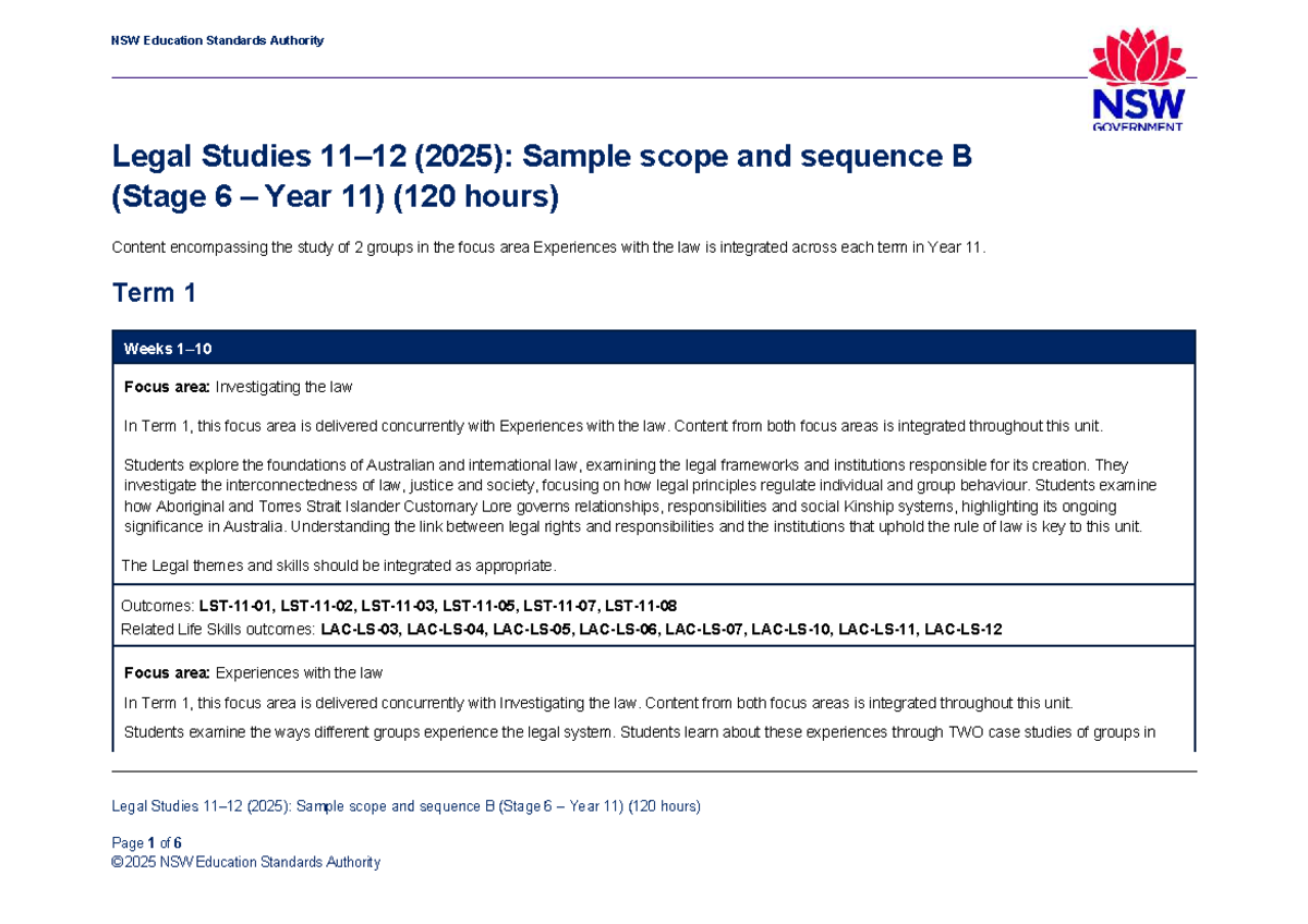 Legal Studies (2025): Stage 6 Year 11 Scope & Sequence Overview - Studocu