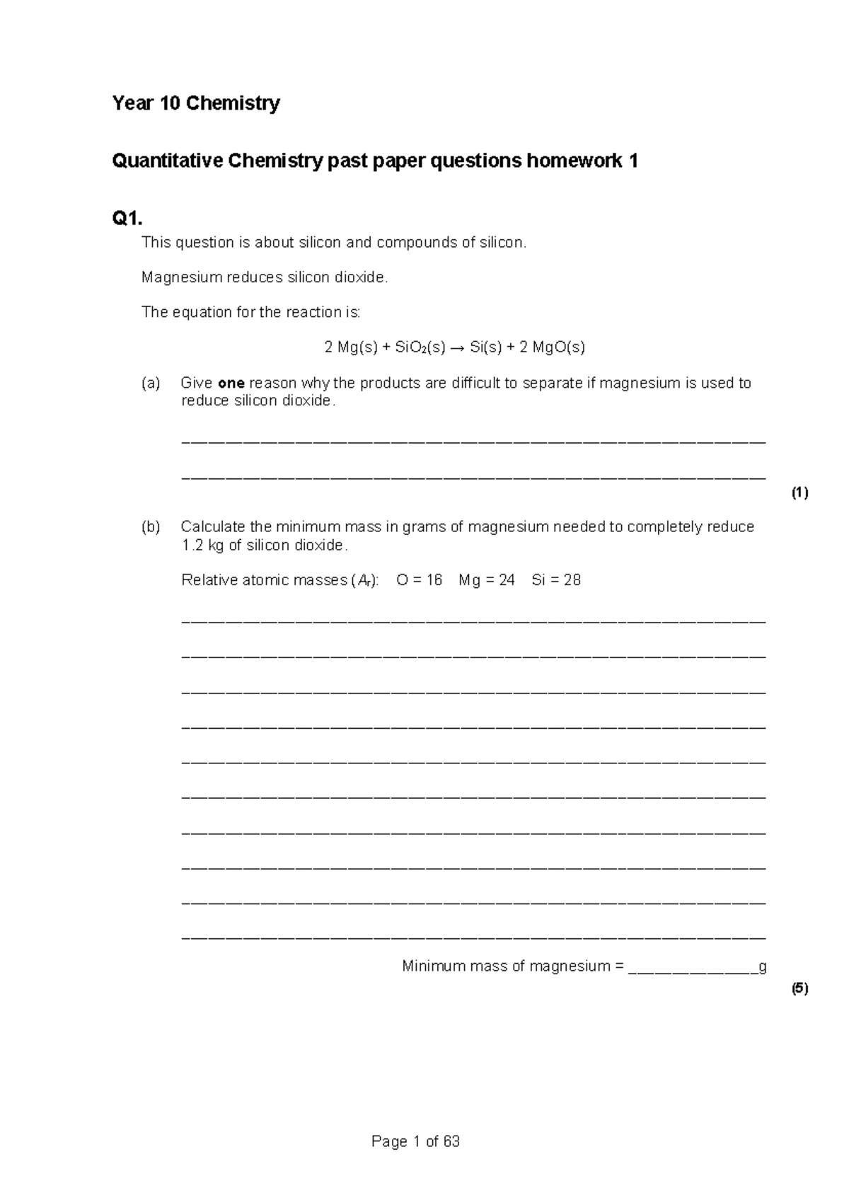 Year 10 Chemistry (10% Quantitative) Past Paper Questions 1-2 - Studocu