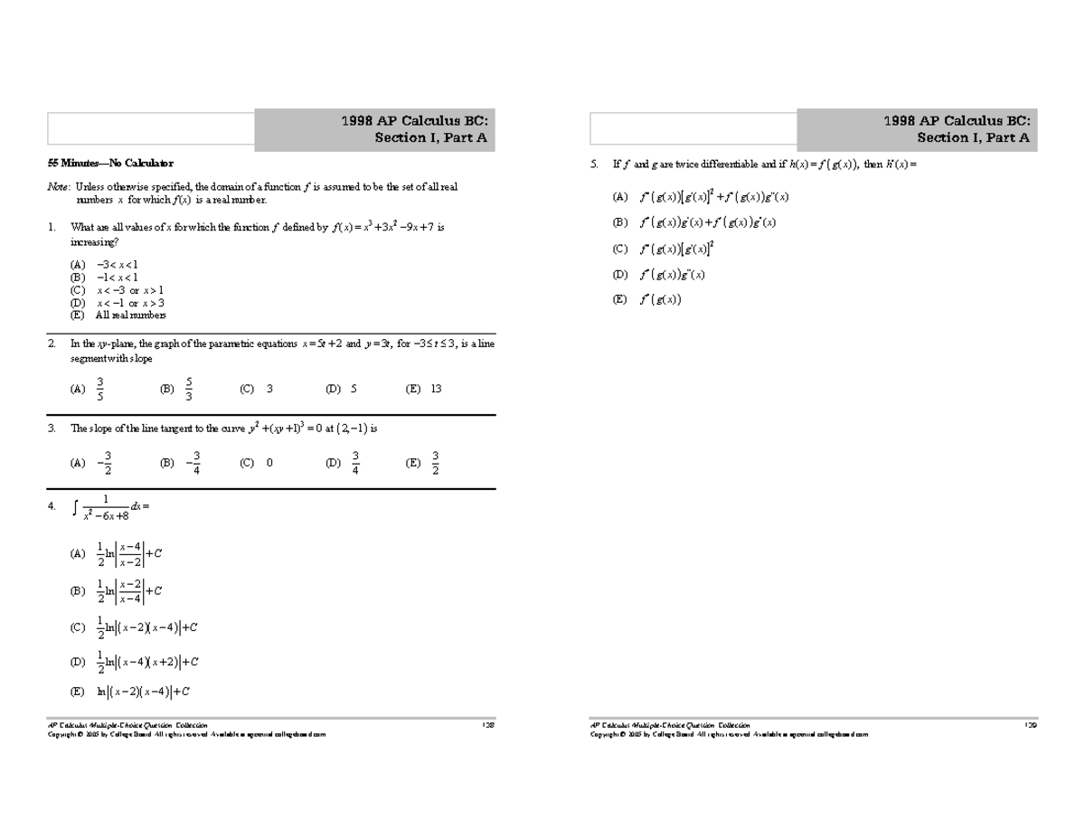 1998 AP Calculus BC: Section I, Part A Multiple Choice Questions - Studocu