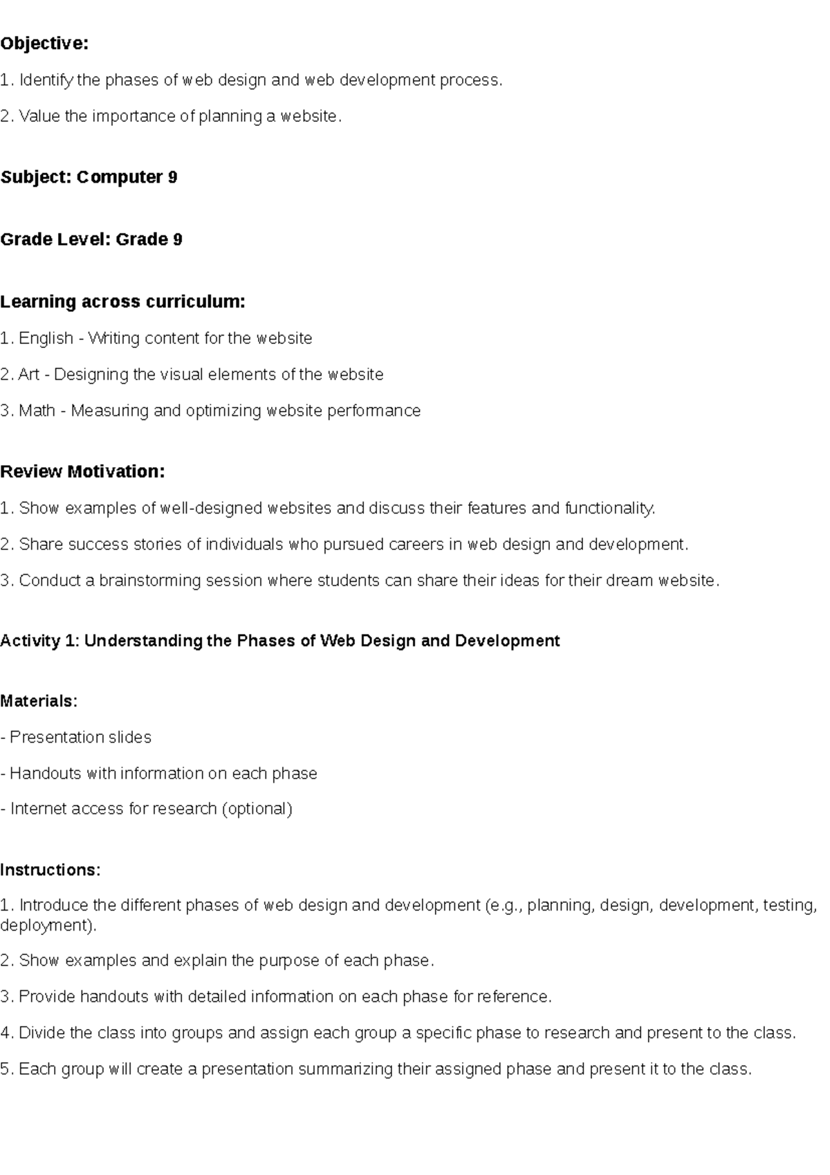 Computer 9 Web Design & Development Lesson Plan - Studocu