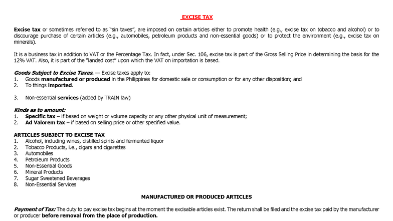 Excise Tax Overview and Regulations (EXCISE TAX) - Studocu
