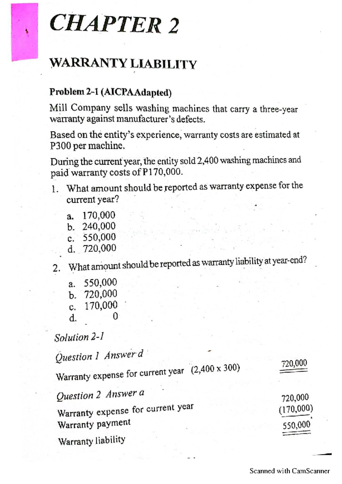 INTACC 3: Warranty Liability Exercises (Valix Prac Acc 2, Ch 2) - Studocu