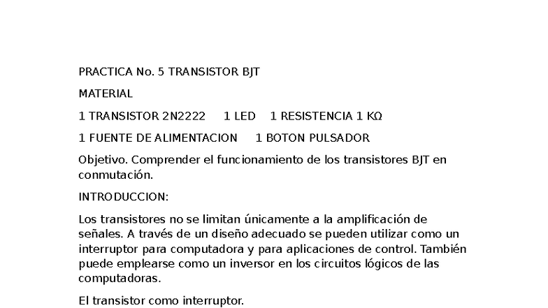 Práctica No. 5: Funcionamiento del Transistor BJT como Interruptor ...
