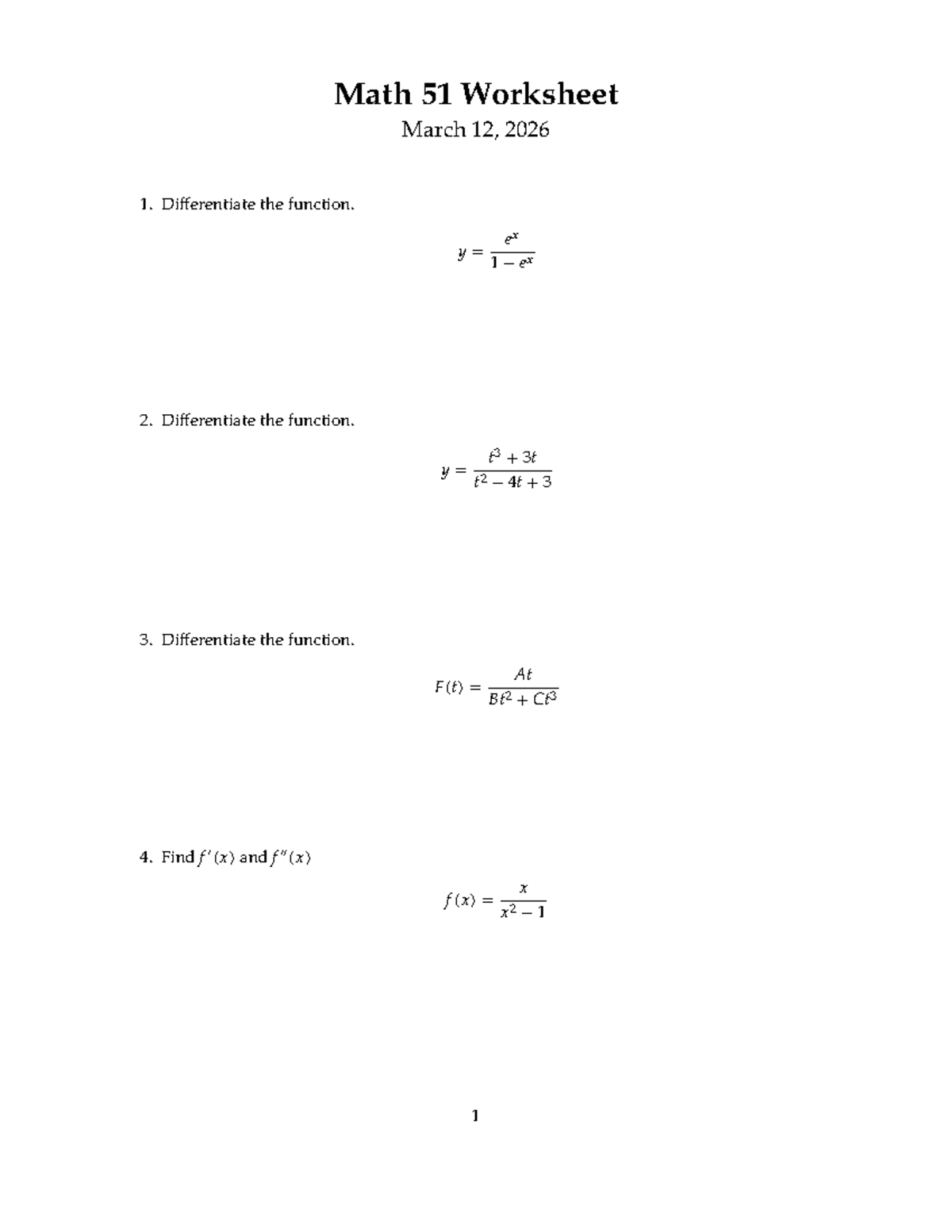 Math 51 Worksheet: Differentiation Practice Set - Mar 12, 2026 - Studocu