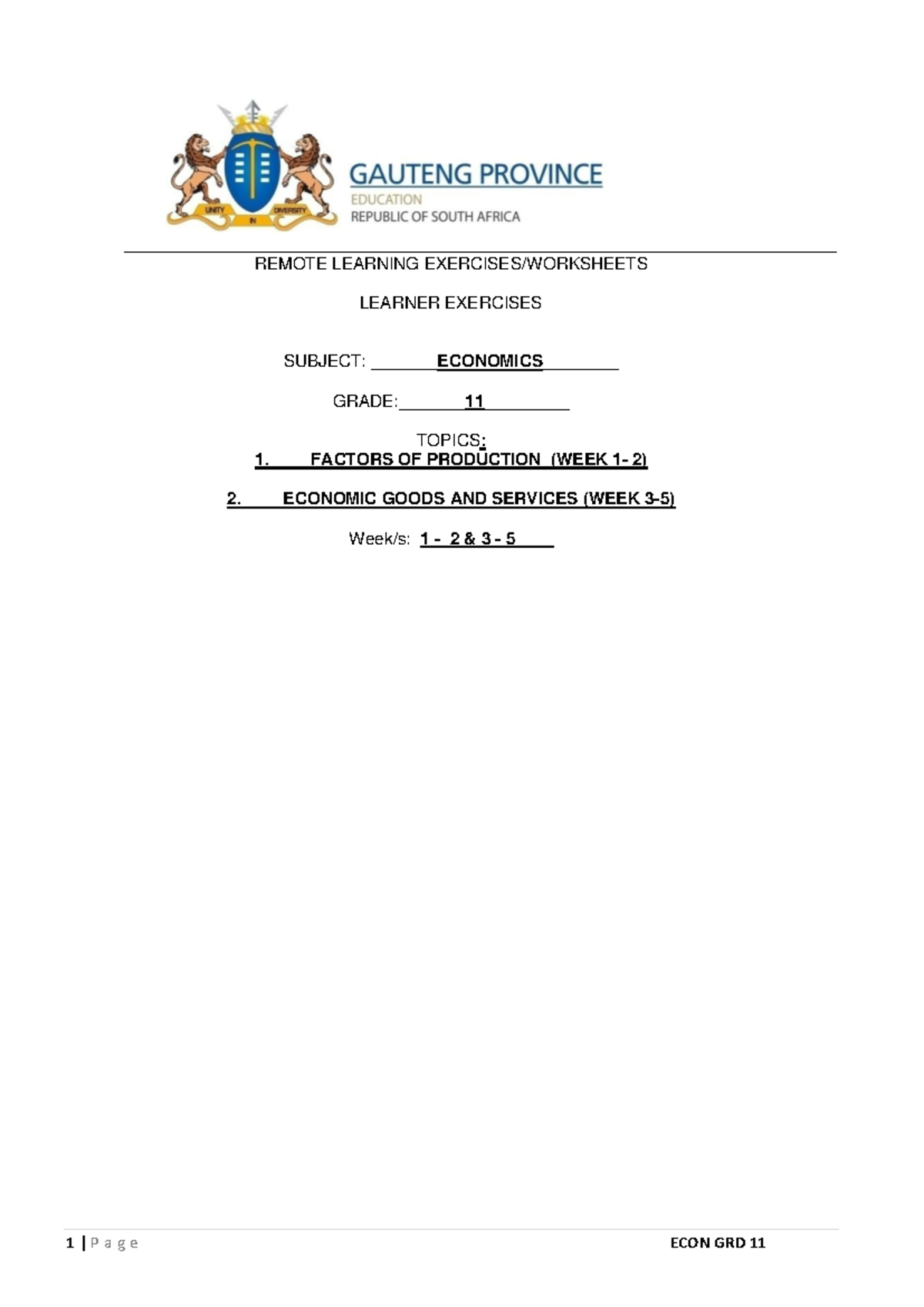 Economics Grd 11 Term 1 Activities: Factors of Production & Questions ...