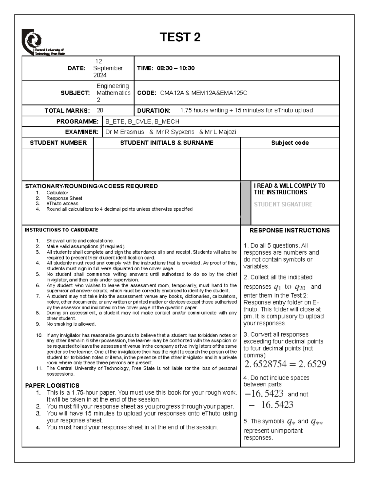 2024 CMA12A Engineering Mathematics 2 Test 2 Paper - Studocu