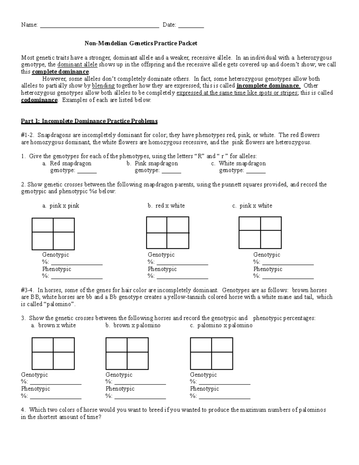 Genetics Practice Packet: Non-Mendelian Traits & Crosses (Genetics 101 ...