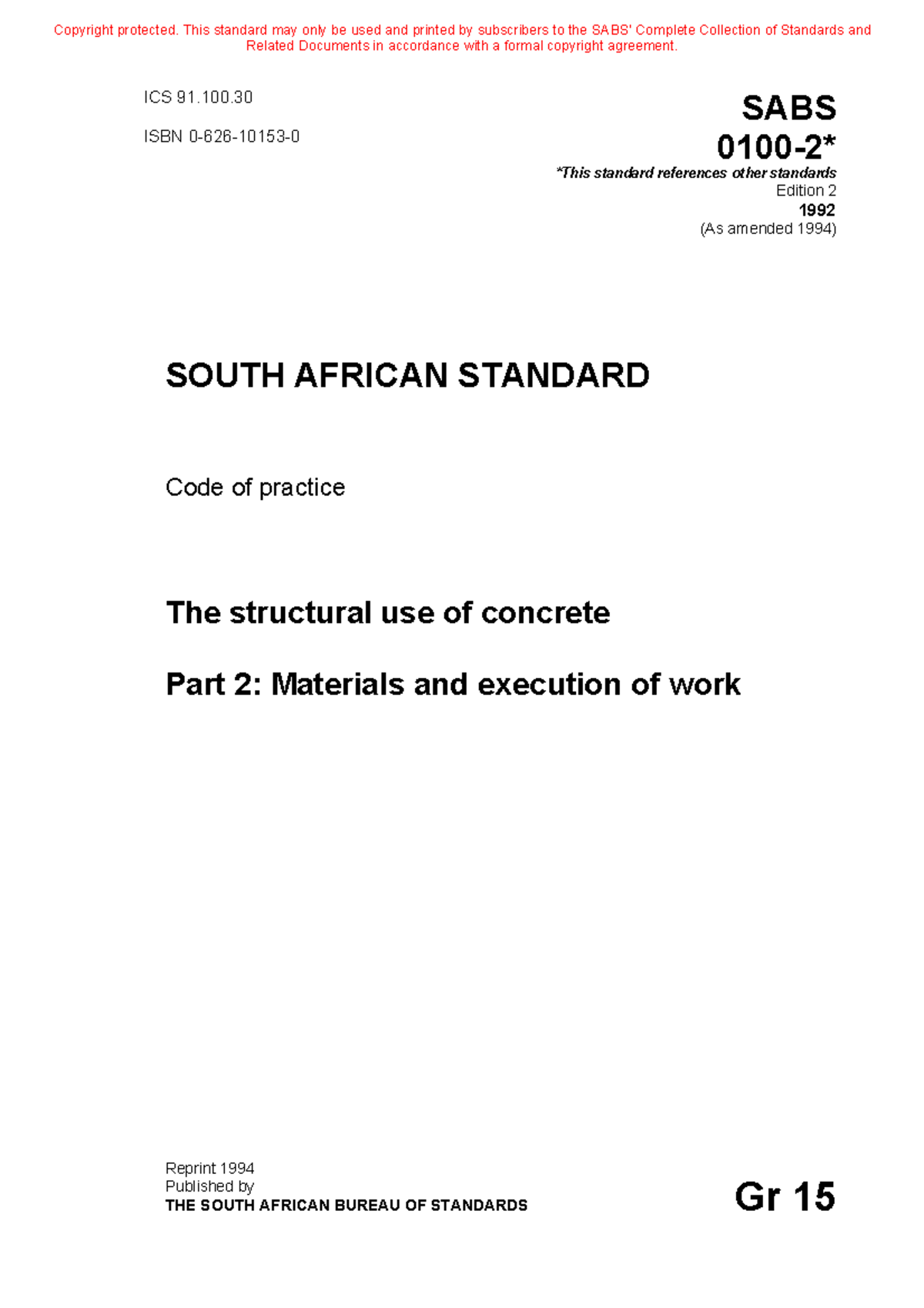 SABS 0100-2:1992 - Structural Use of Concrete - Materials & Execution ...