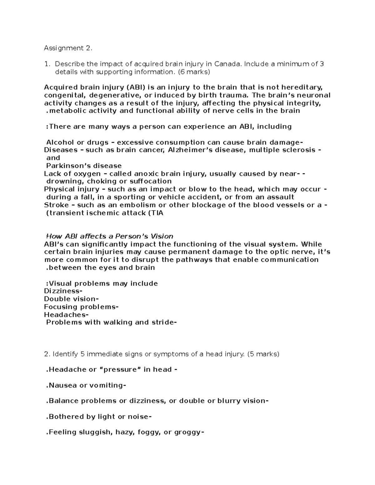Assignment II - Impacts & Symptoms of Acquired Brain Injury in Canada ...