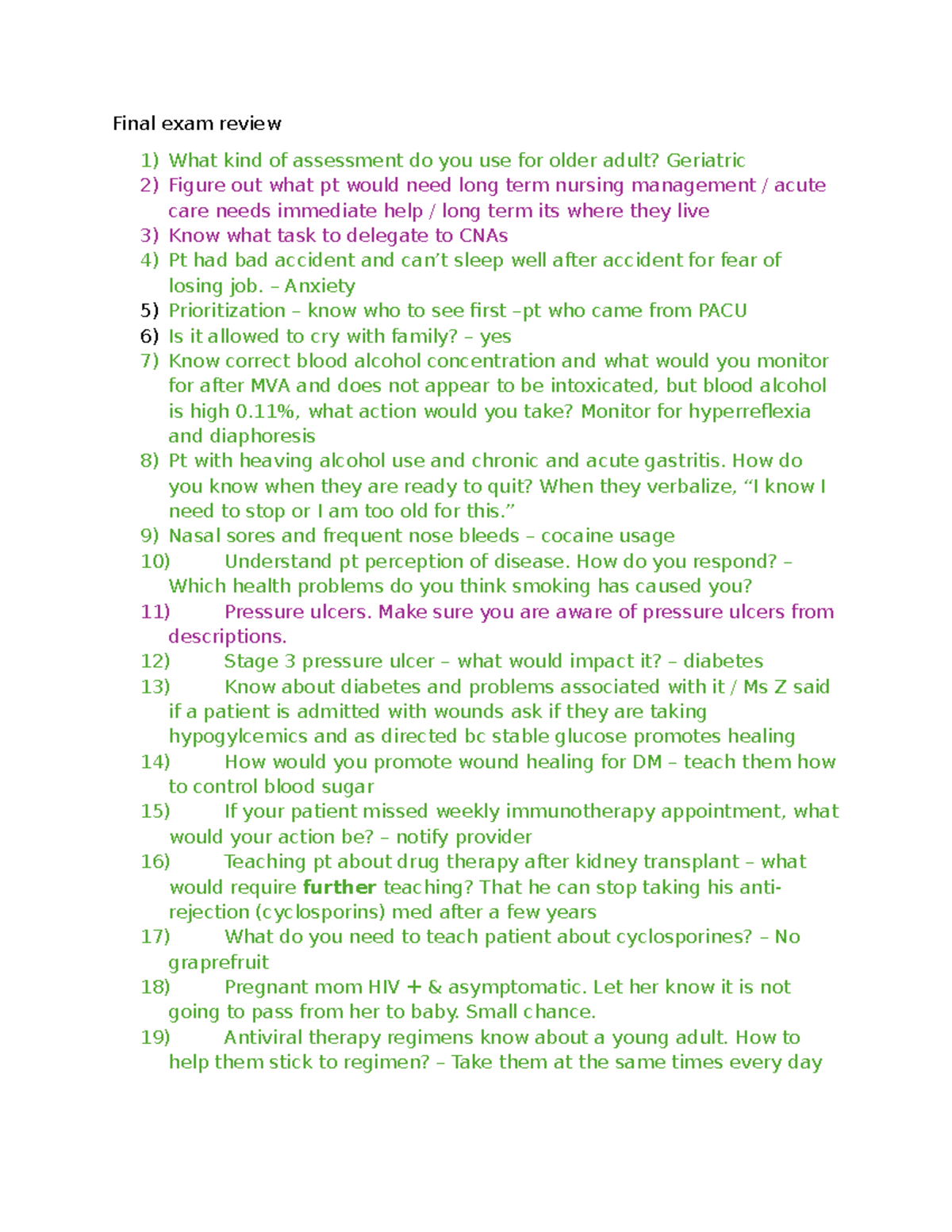 Final Exam Review - FON: Key Concepts and Patient Care Insights - Studocu