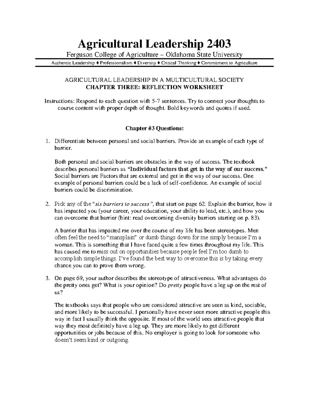 2403 Agricultural Leadership Chapter 3 Reflection Worksheet - Studocu