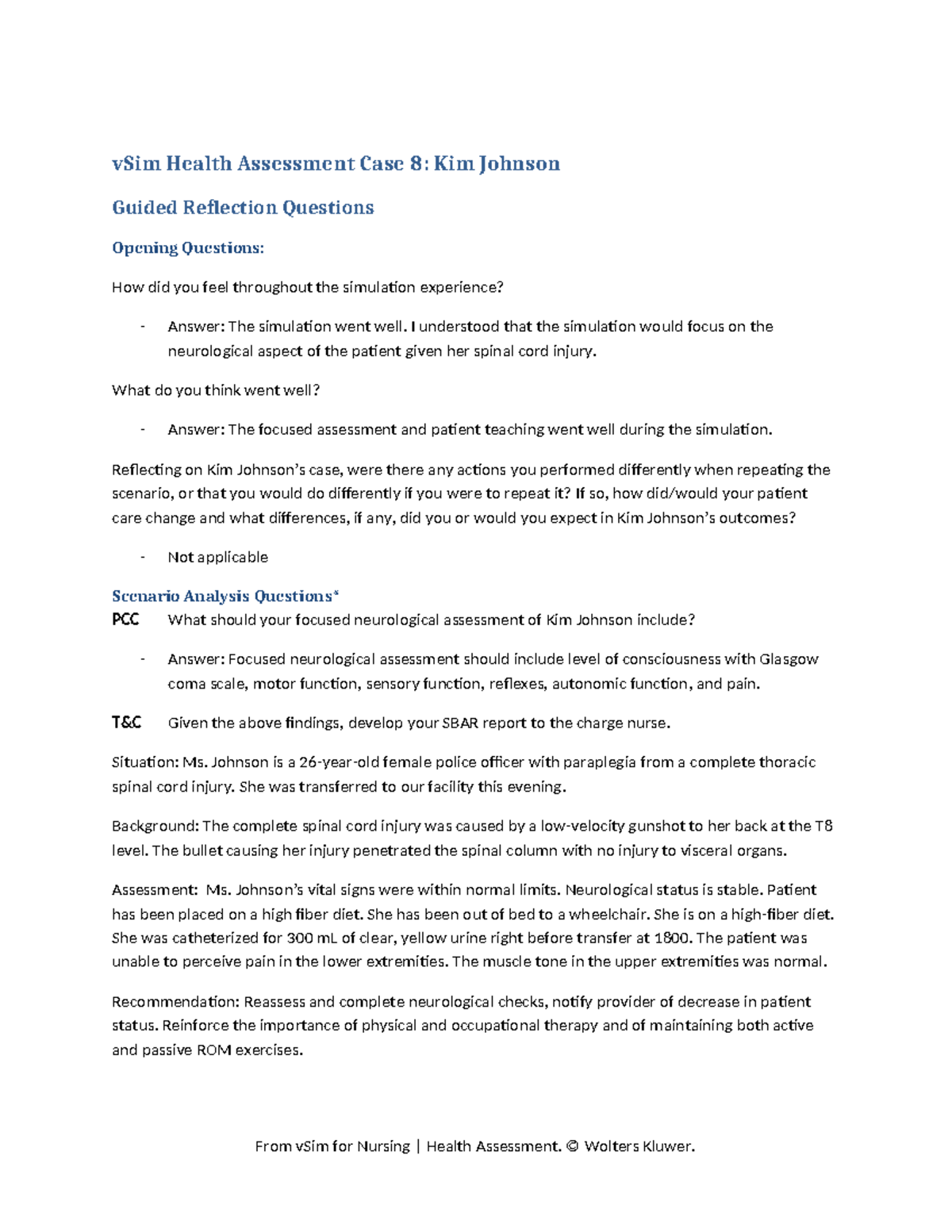vSim 2.0 Health Assessment Case 08: Kim Johnson Guided Reflection - Studocu
