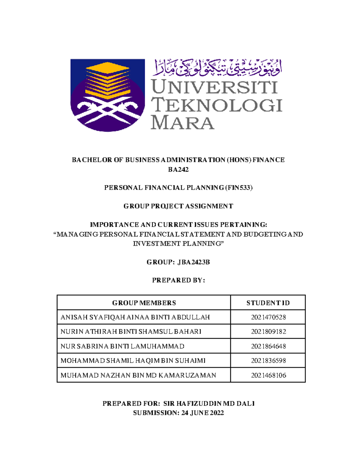 FIN533 Group Report Assignment Group 5 - BACHELOR OF BUSINESS ...