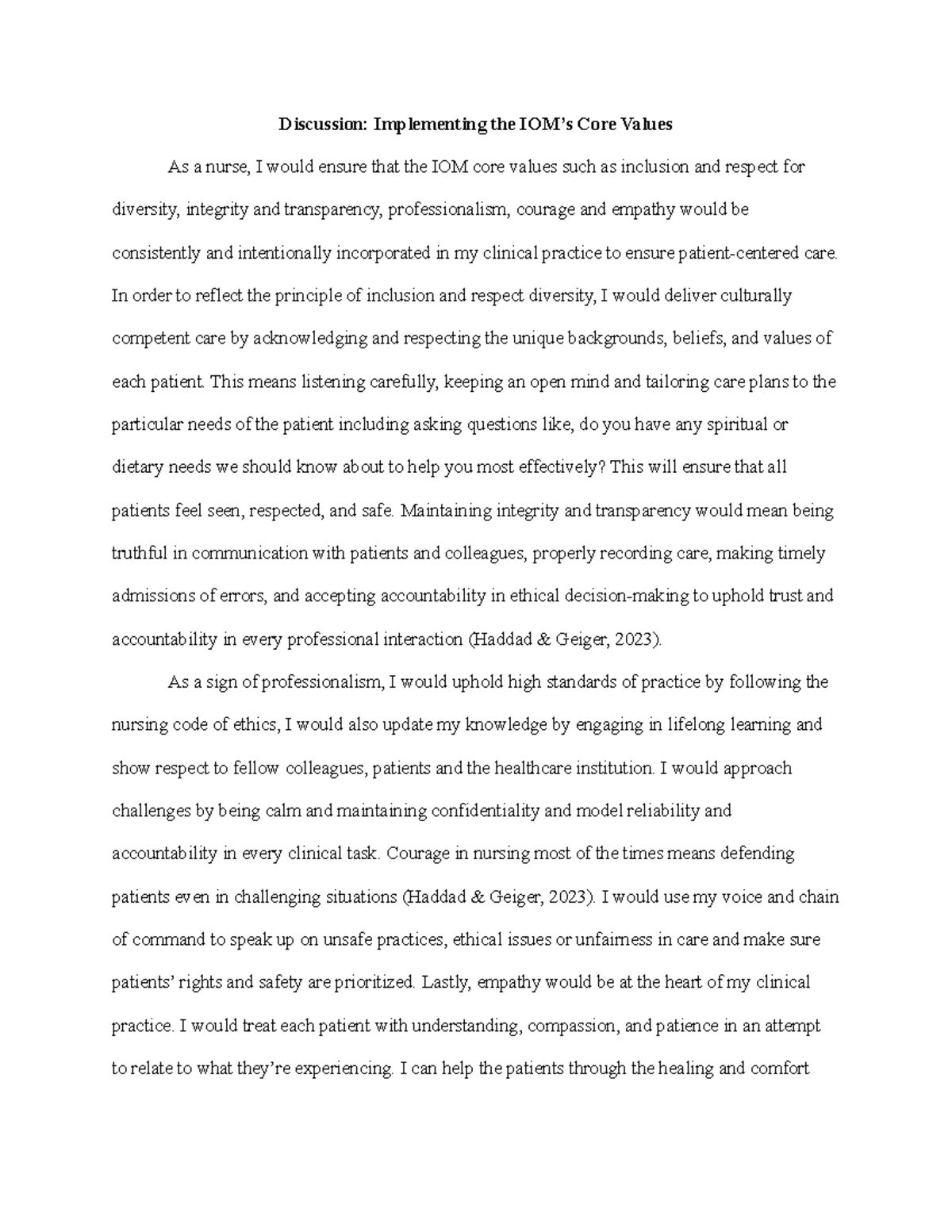 NUR 101: Discussion on Implementing Core Values in Nursing Practice ...