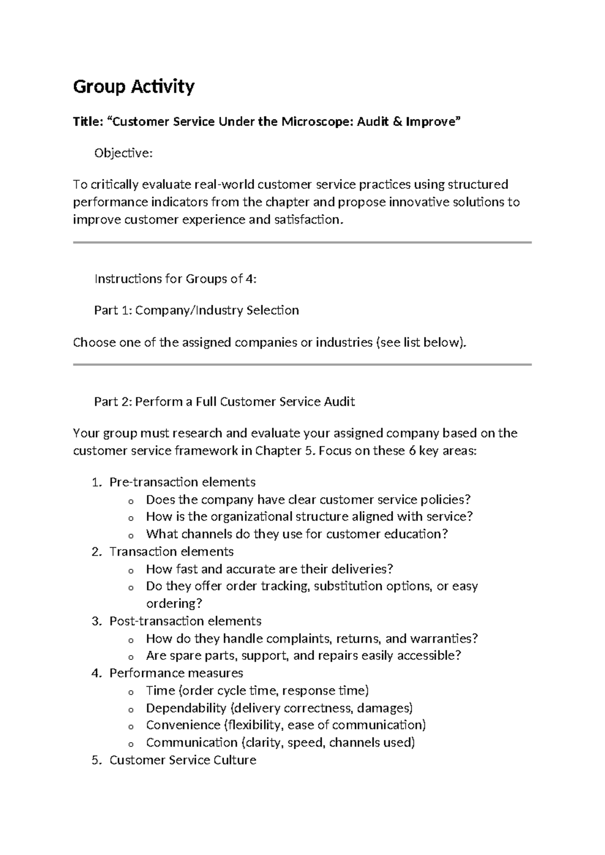 Chapter 5 Group Activity: Customer Service Audit & Improvement ...