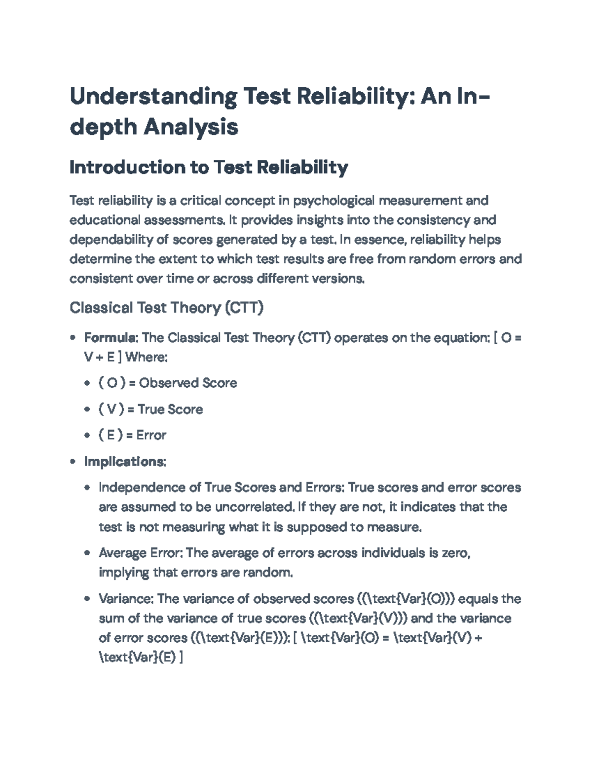 Understanding Test Reliability: Concepts and Methods in CTT ...