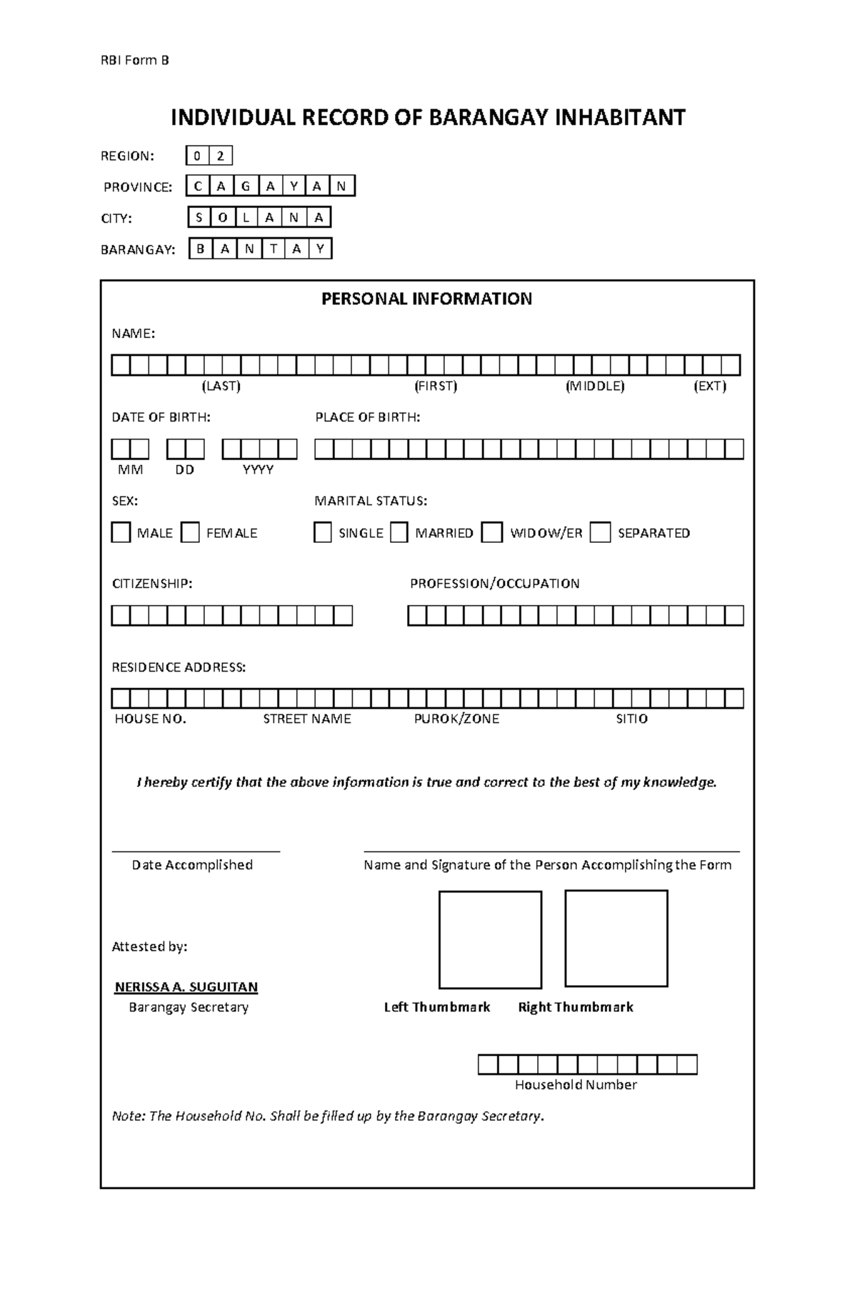 466198766 Individual Record OF Barangay Inhabitant docx - RBI Form B ...