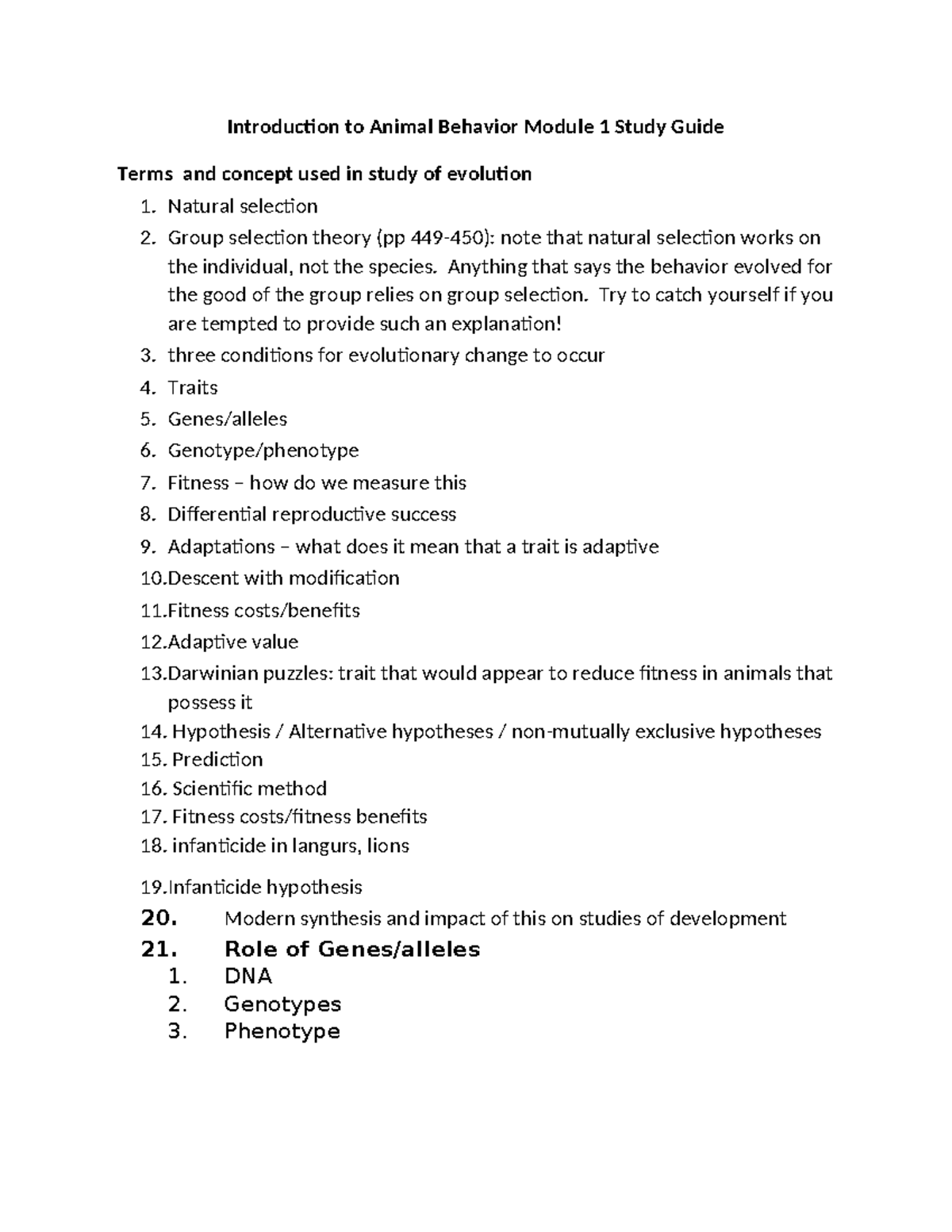 Animal Behavior 101: Module 1 Study Guide on Evolution Concepts - Studocu
