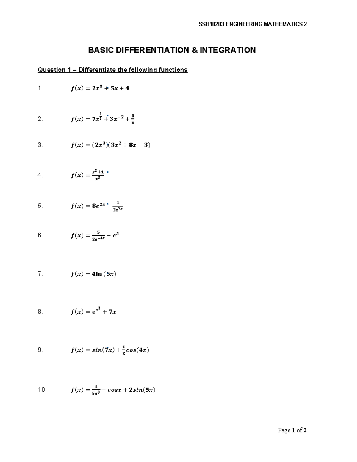 SSB10203 ENGINEERING MATHEMATICS 2 POP QUIZ: Basic Integration ...