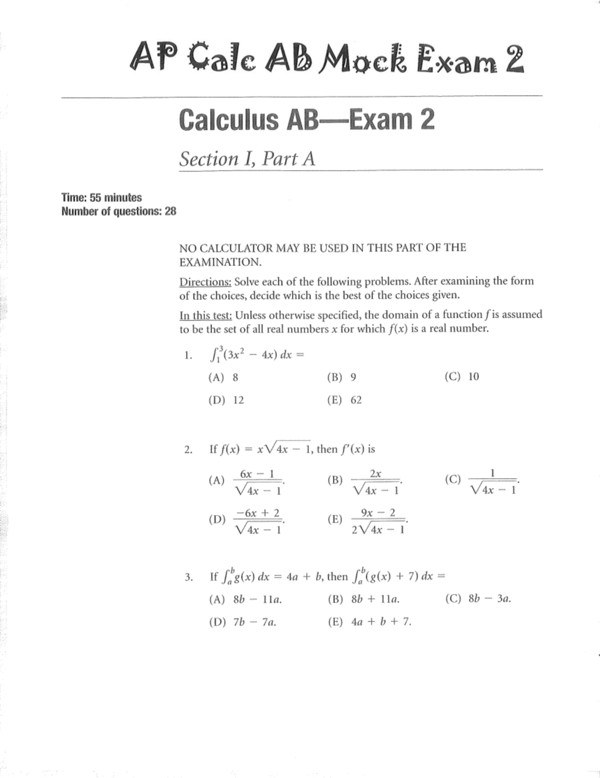 AP Calculus AB Mock Exam 2 - Section I, Part A - Studocu