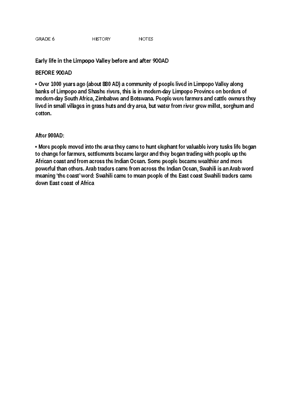 Grade 6 History Notes - USEFULL - GRADE 6 HISTORY NOTES Early life in ...