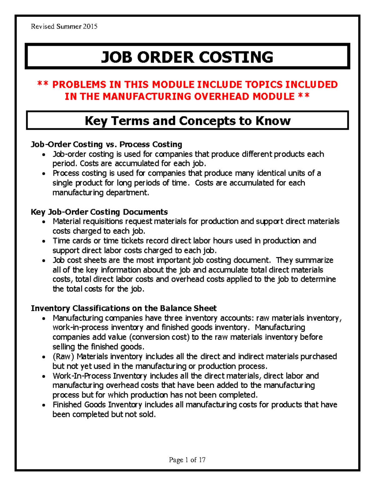 2a - job order practice set - JOB ORDER COSTING ** PROBLEMS IN THIS ...