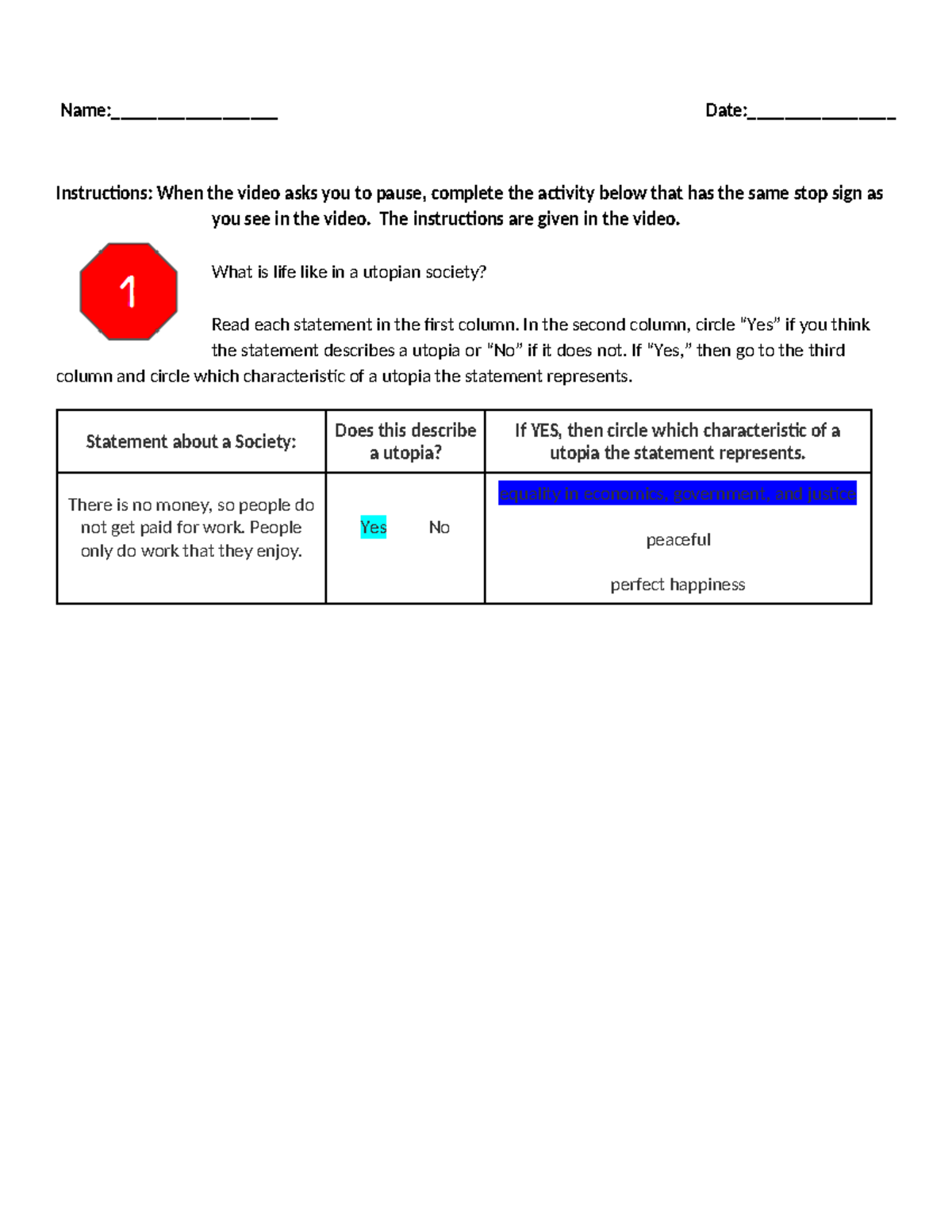 Utopia vs. Dystopia Activity Handout - Giver 3 - Studocu
