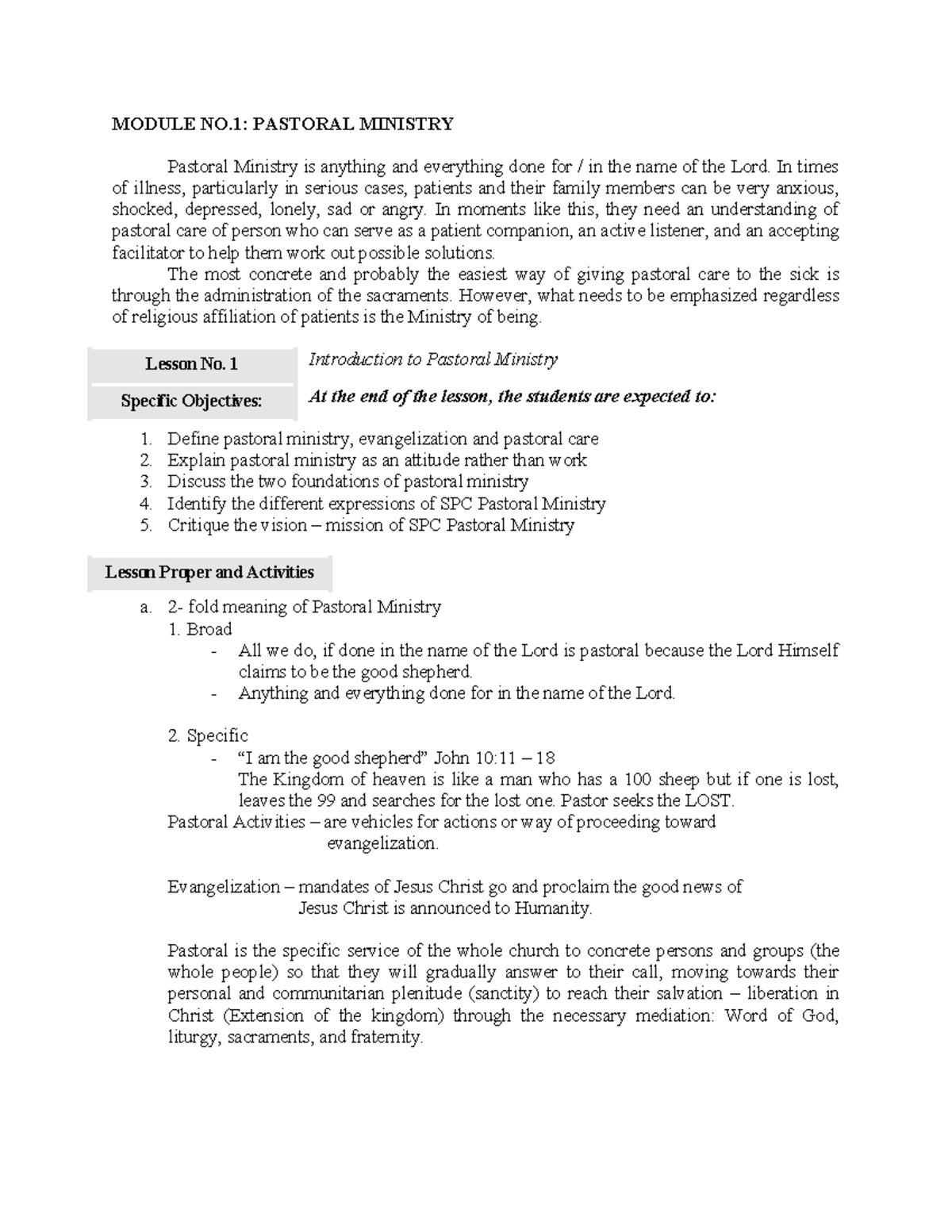 Pastoral Care Modules 1, 2, and 3: Insights and Applications - Studocu