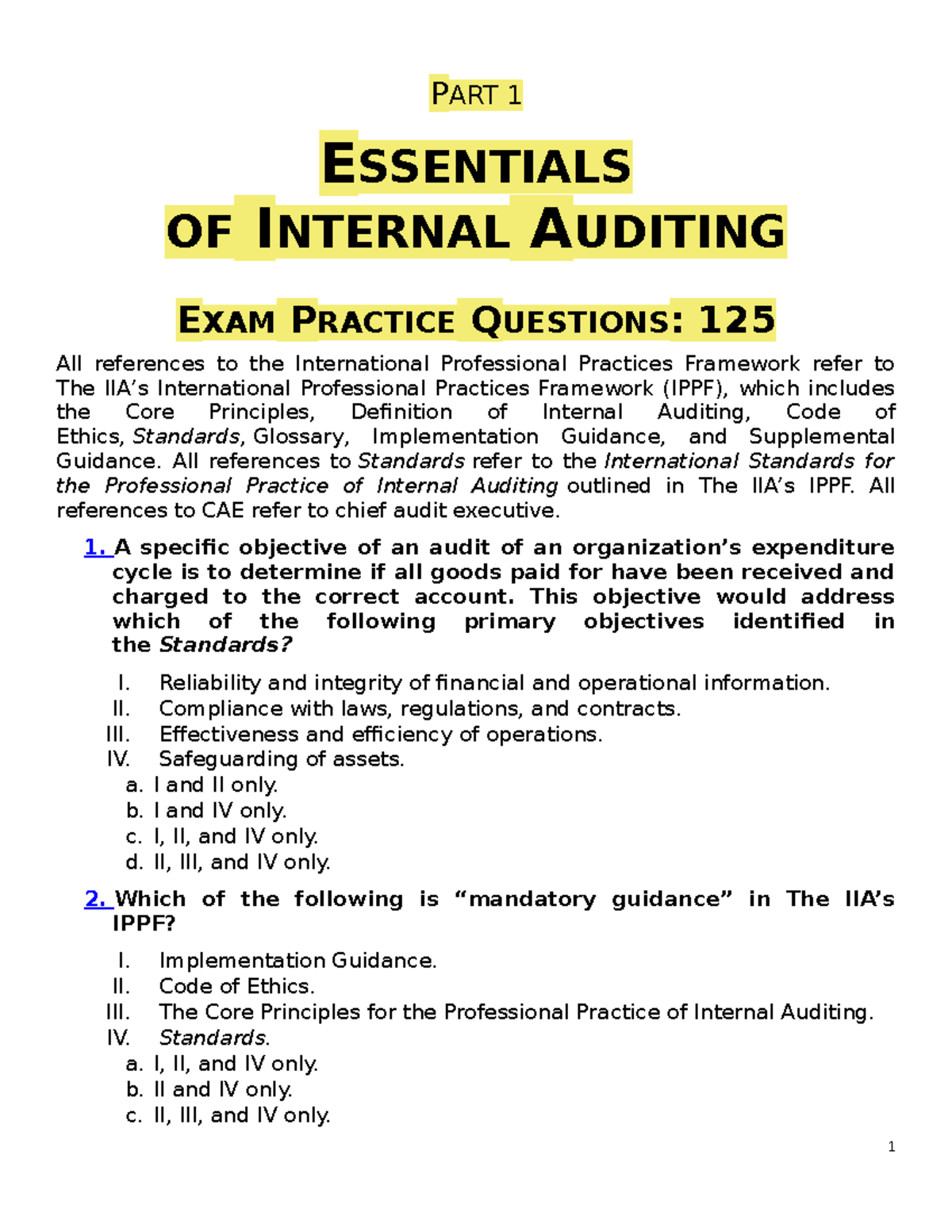 Part 1 - Essentials of Internal Auditing: Exam Practice Questions - Studocu