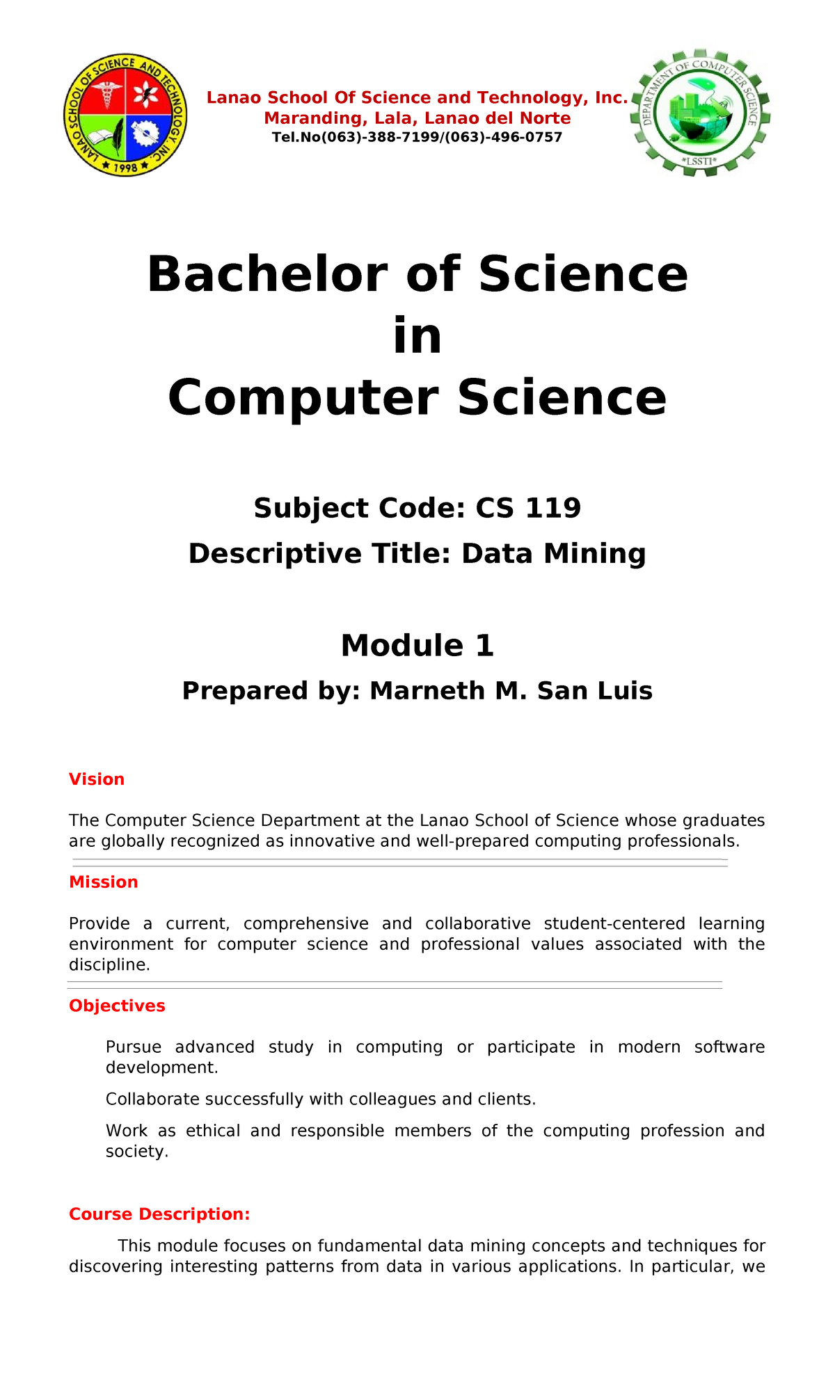 Module 1 - it -computer science data mining - Lanao School Of Science and Technology, Inc. - Studocu