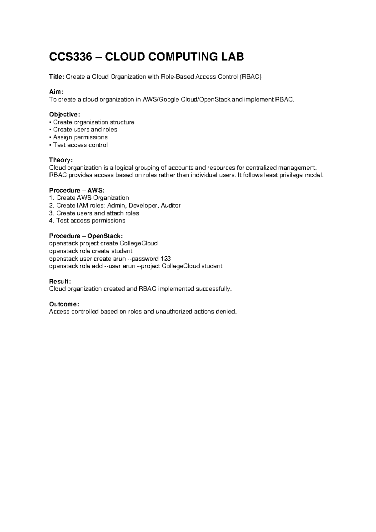 CCS336 Cloud Computing Lab: RBAC Implementation Guide - Studocu