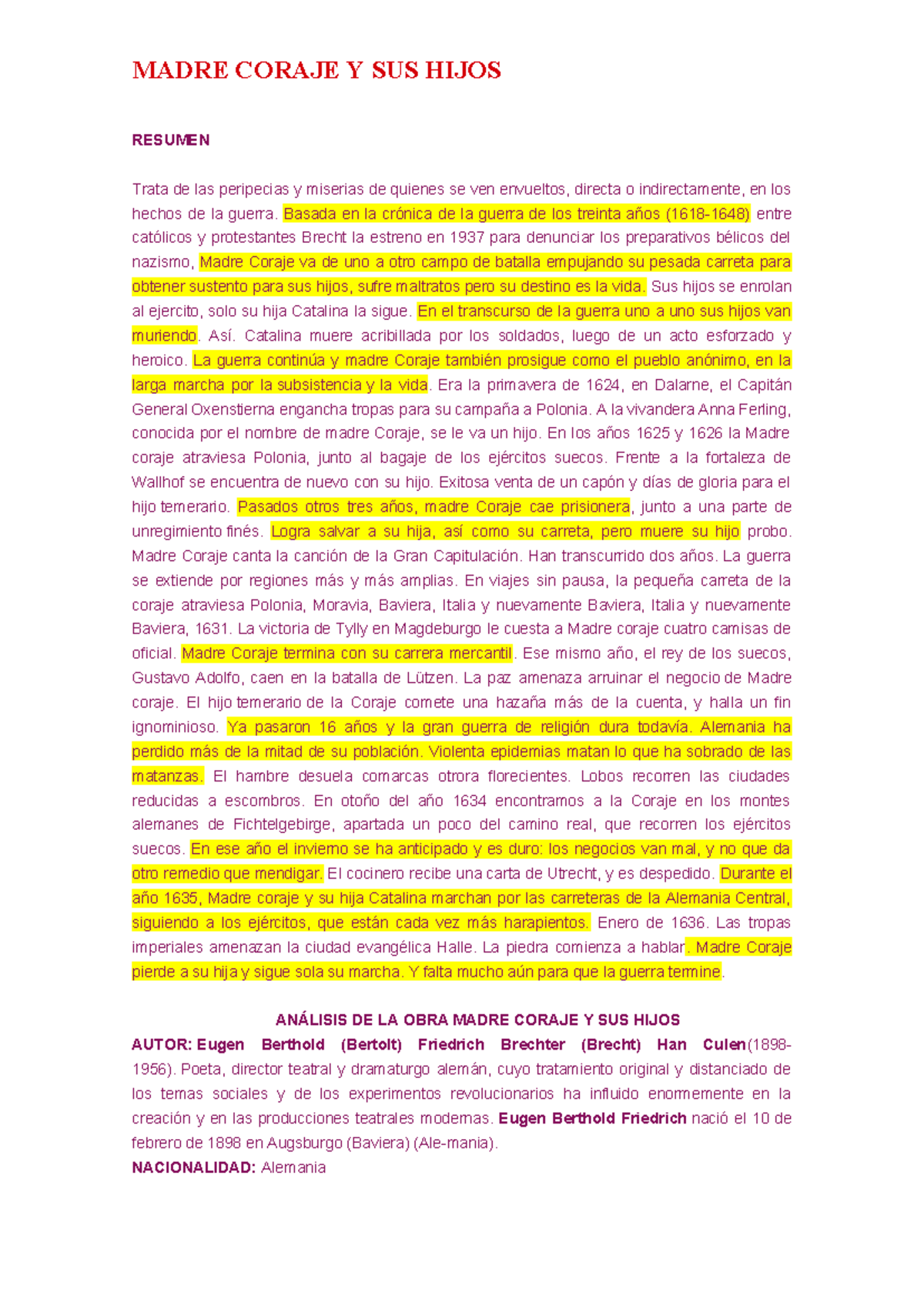 Madre Coraje Y SUS Hijos - MADRE CORAJE Y SUS HIJOS RESUMEN Trata de las peripecias y miserias ...