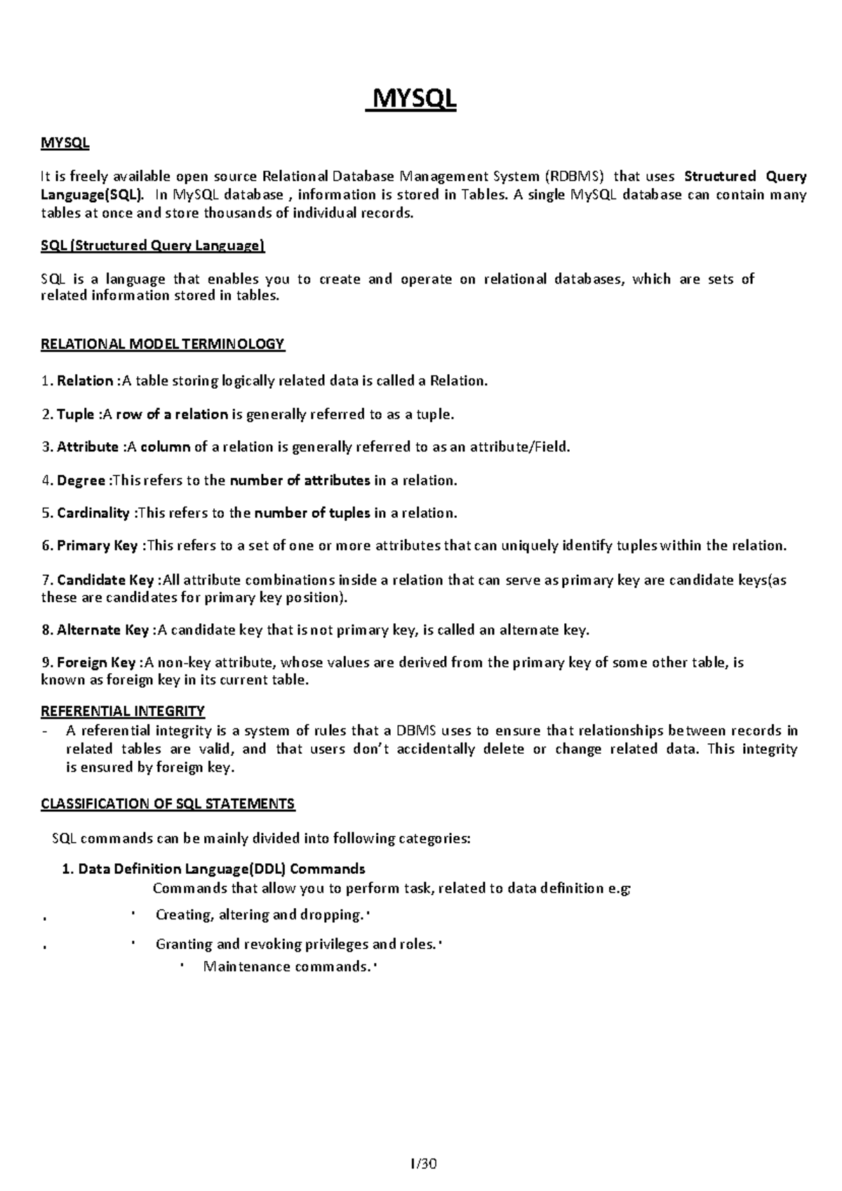 MYSQL Revision Notes for Class 12 - Study Smart and Save Time - Studocu