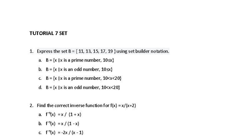 Tutorial 7 SET 1: Functions, Relations, and Set Notation - Studocu