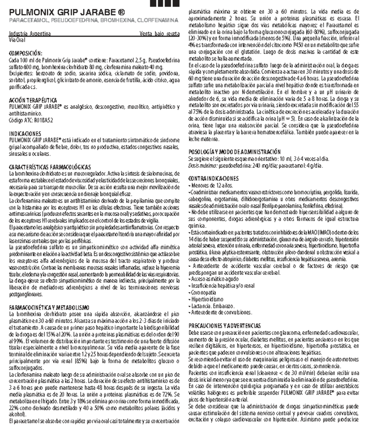 Prospecto de Pulmonix Grip Jarabe: Composición y Usos Médicos - Studocu