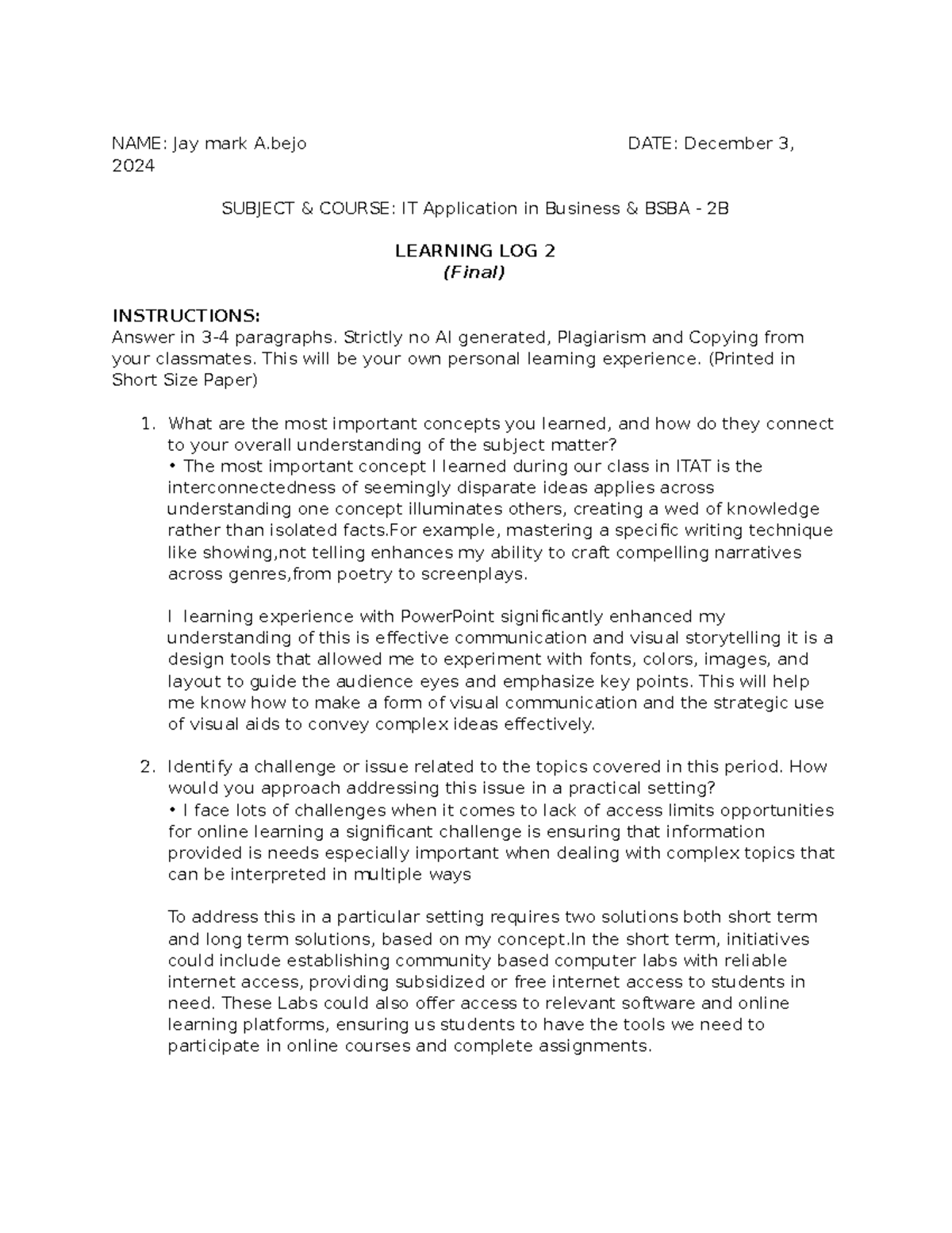 Learning-Log Final - For study only - NAME: Jay mark A DATE: December 3 ...