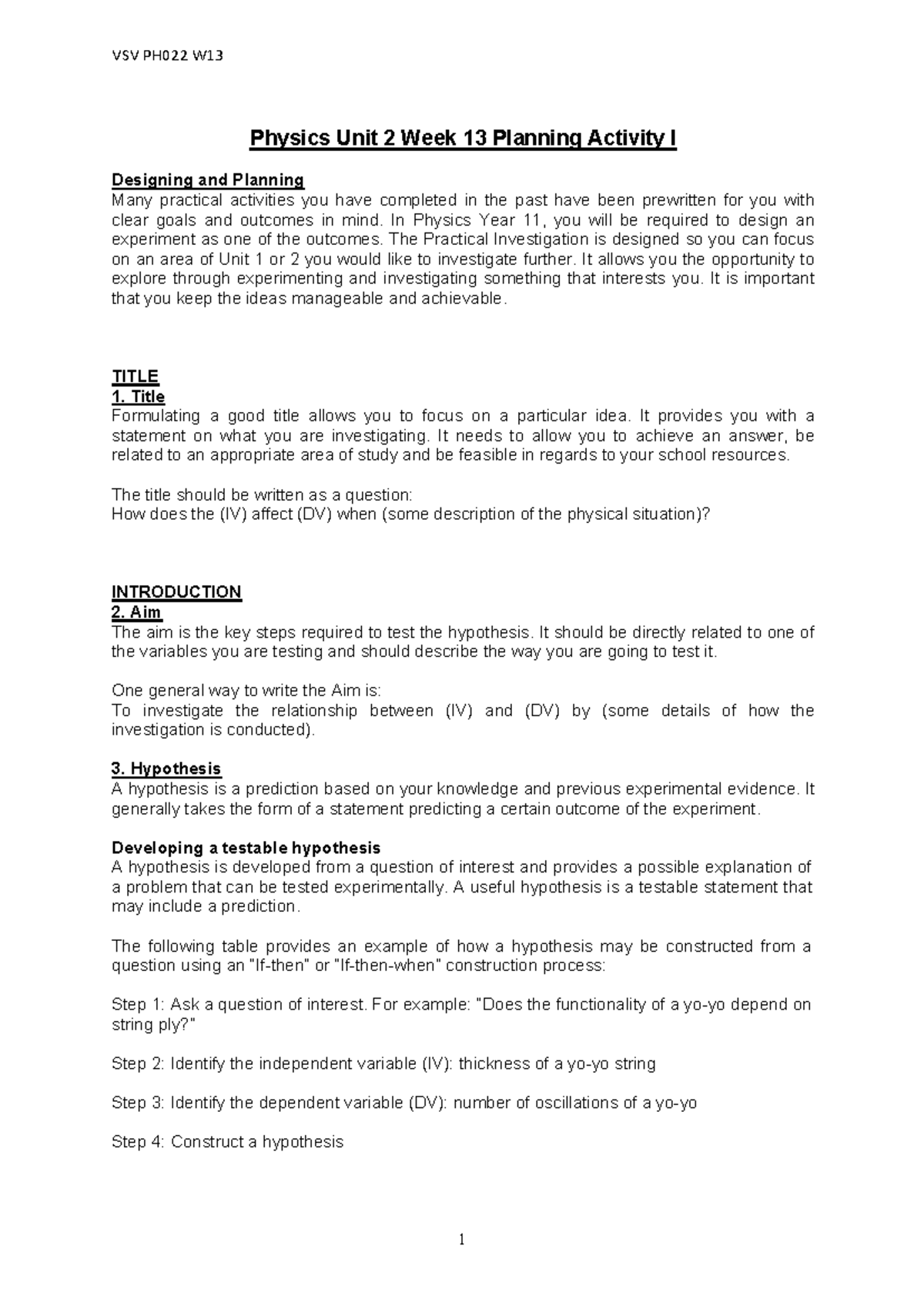 VSV PH022 W13 Physics Unit 2 Planning Activity I: Experiment Design ...
