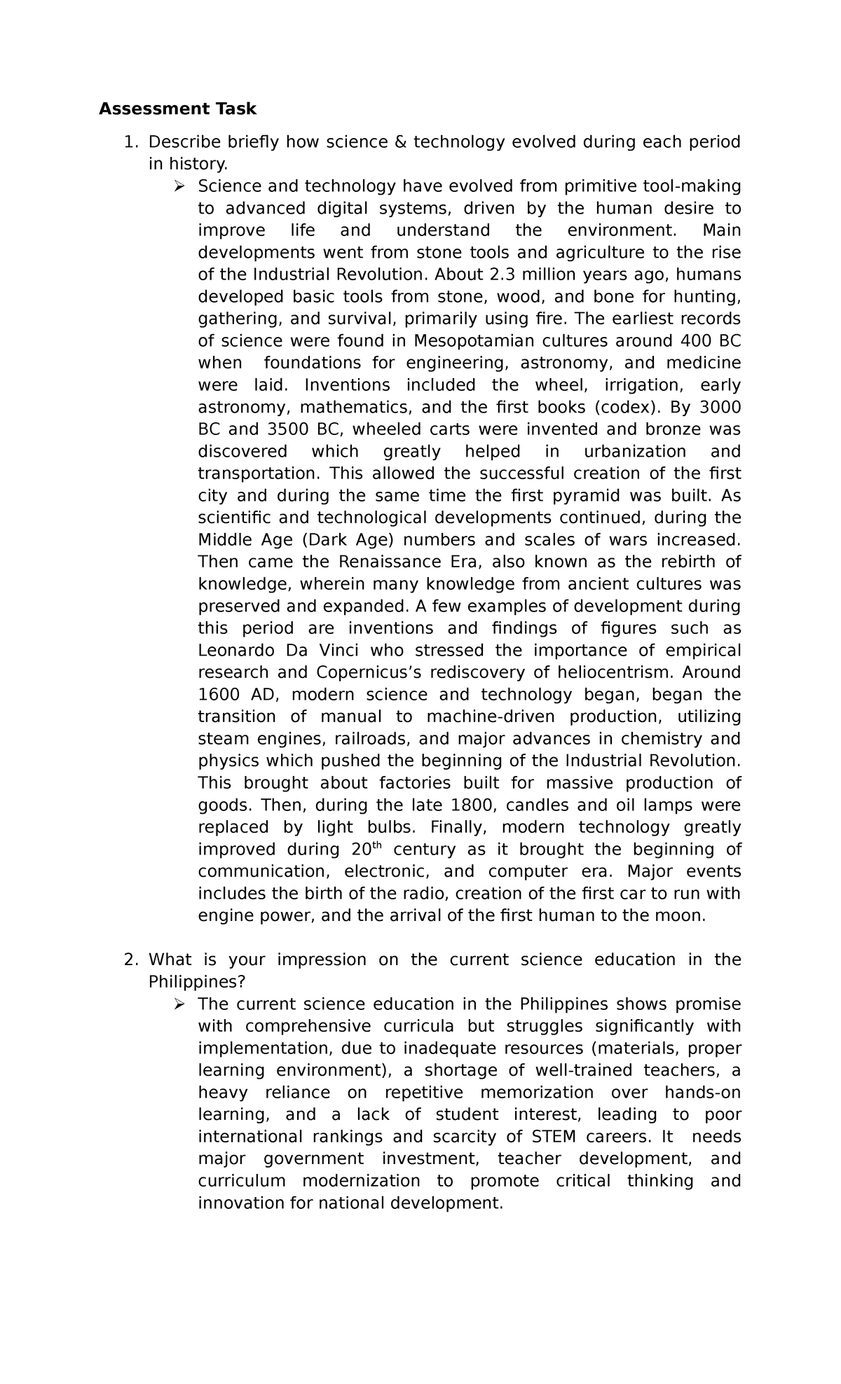 Evolution of Science & Technology: Assessment Task 1 GE 7 - Studocu