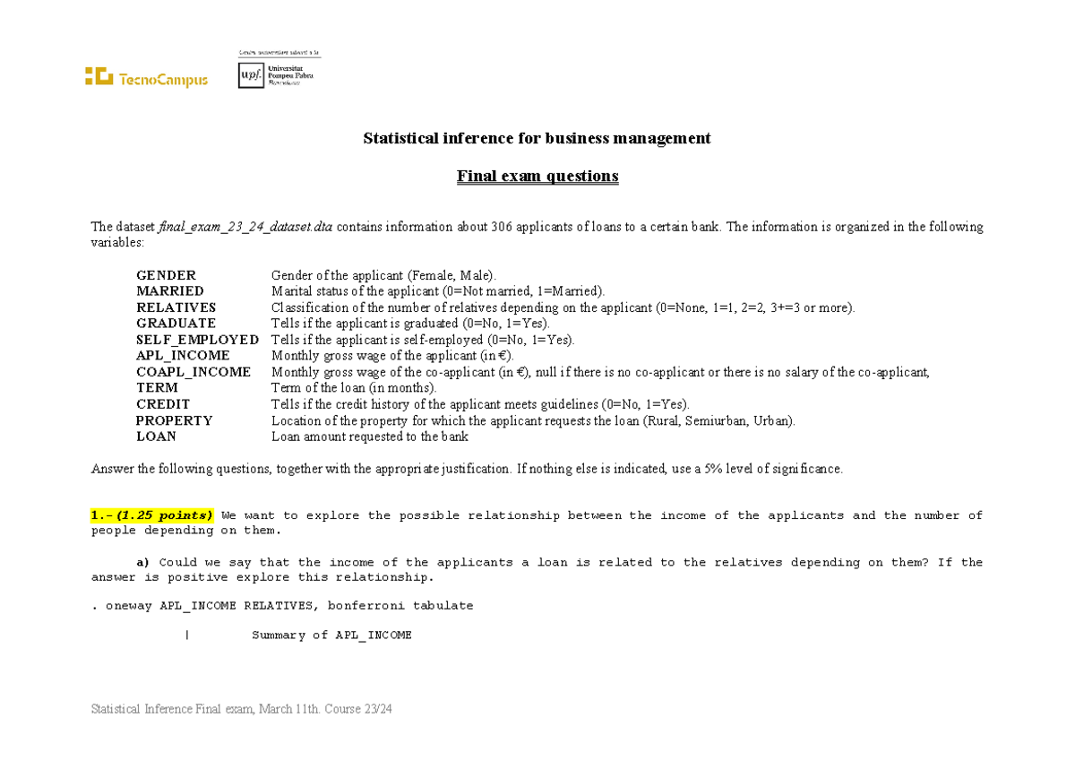 Statistical Inference for Business Management Final Exam Solutions 23 ...