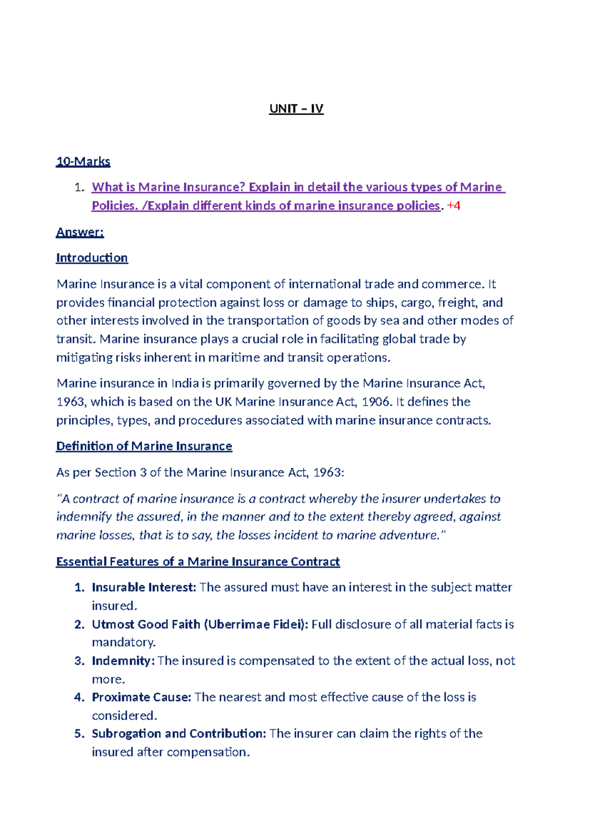 Marine Insurance Policies: Types and Legal Framework - UNIT IV - Studocu