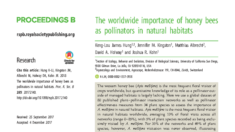 The Global Role of Honey Bees (Apis mellifera) as Pollinators in ...