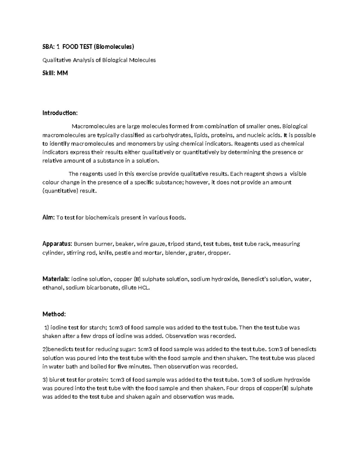 Bio SBA - Lab Food Test: Qualitative Analysis of Biomolecules - Studocu