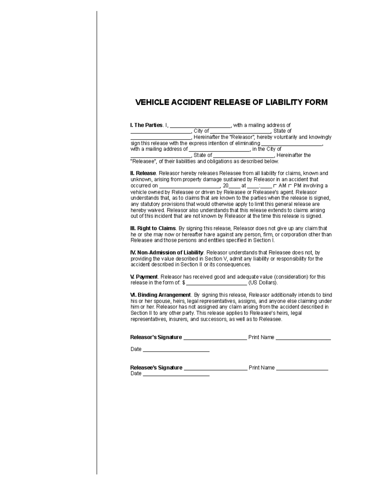 Vehicle Accident Release of Liability Form - Project 1 - Studocu