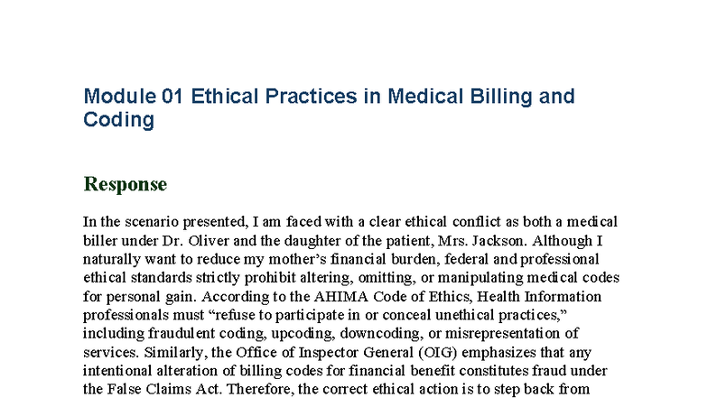 Module 01 Assignment - Ethical Coding & Billing Practices - Studocu