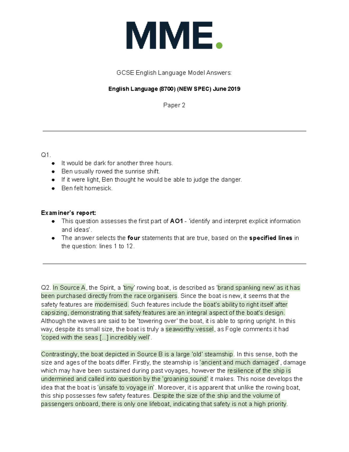 AQA GCSE English Language Model Answers: (8700) June 2019 Paper 2 Analysis - Studocu