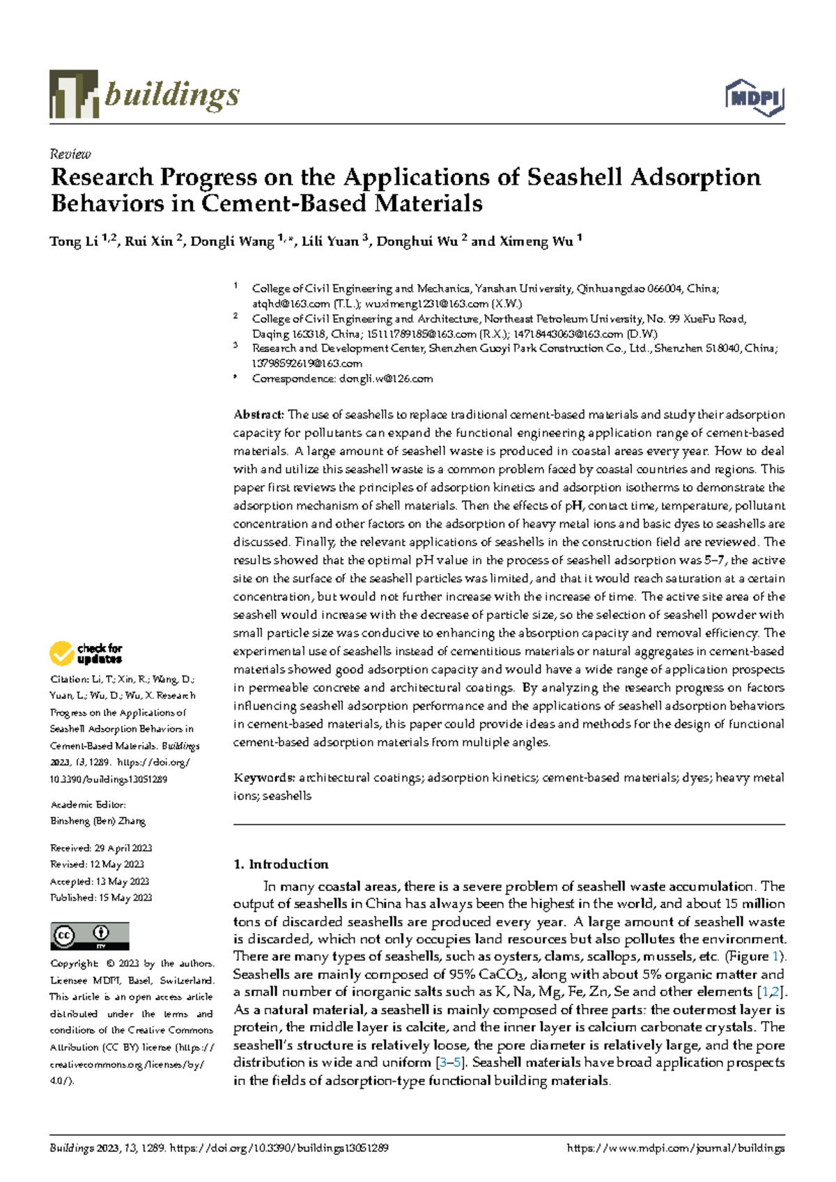 Buildings 2023, 13, 1289 - Research on Seashell Adsorption in Materials ...