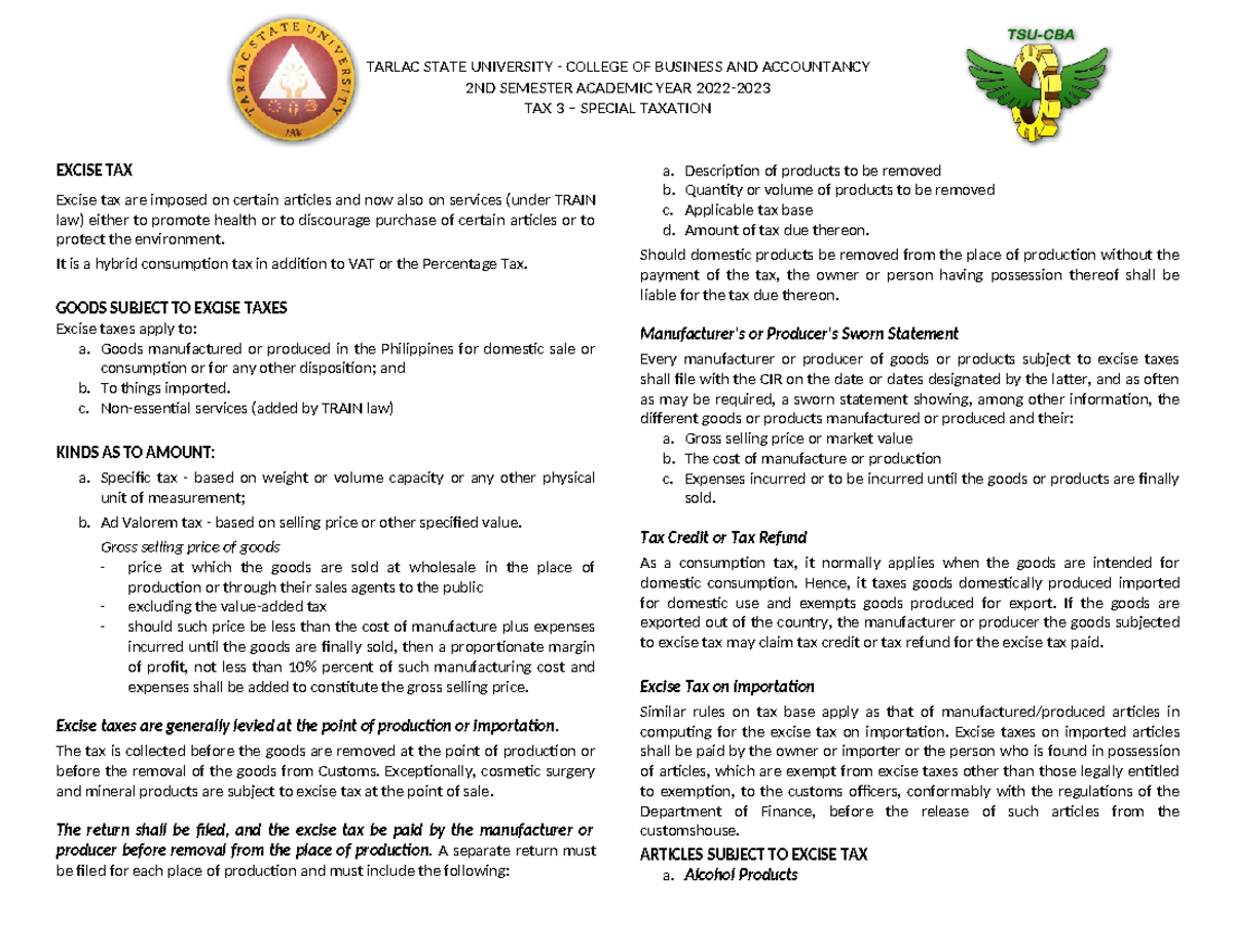 TAX 3: Chapter 12 - Understanding Excise Tax and Its Implications - Studocu